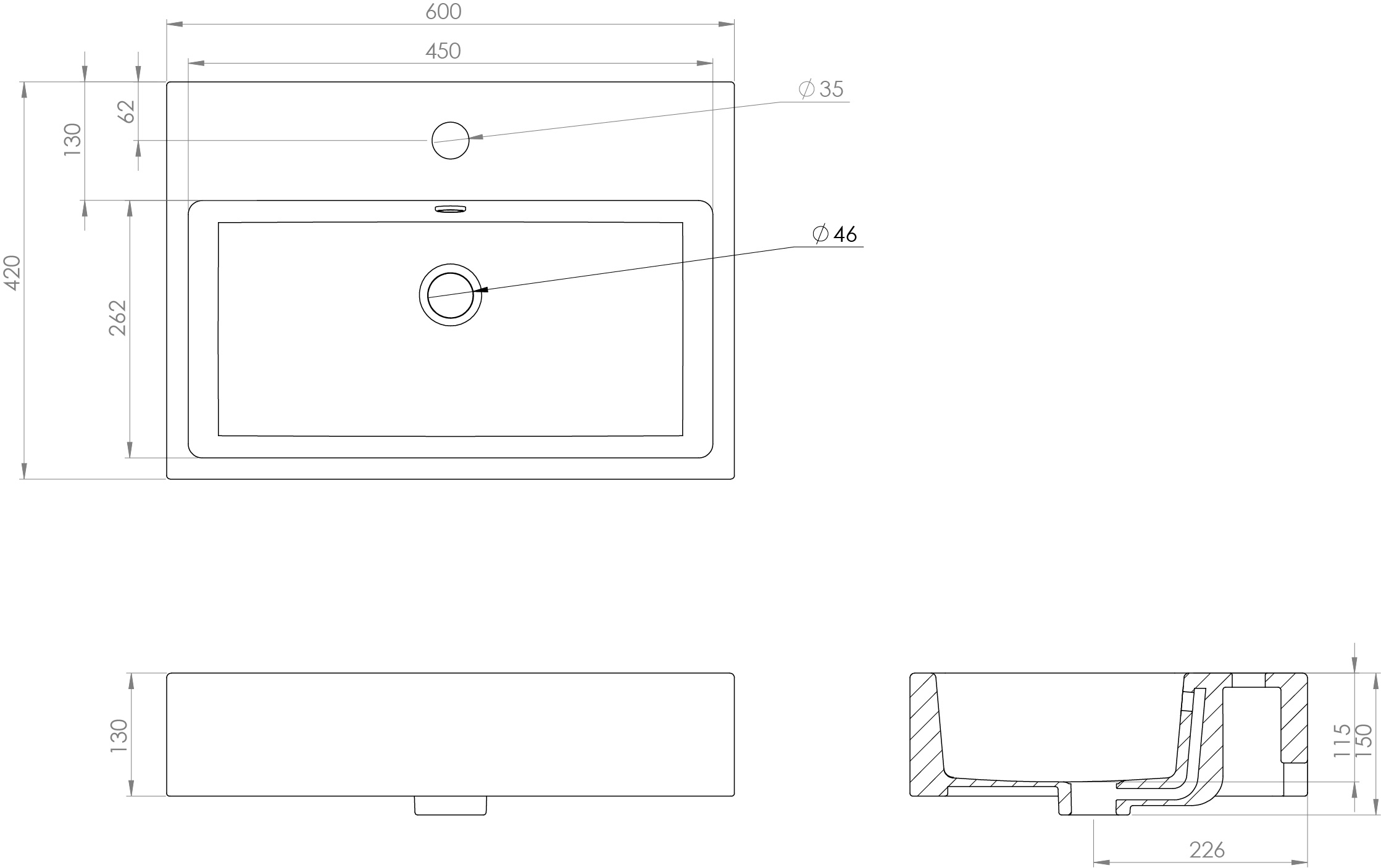 MATTEO 60x42cm washbasin 1TH - Gloss White